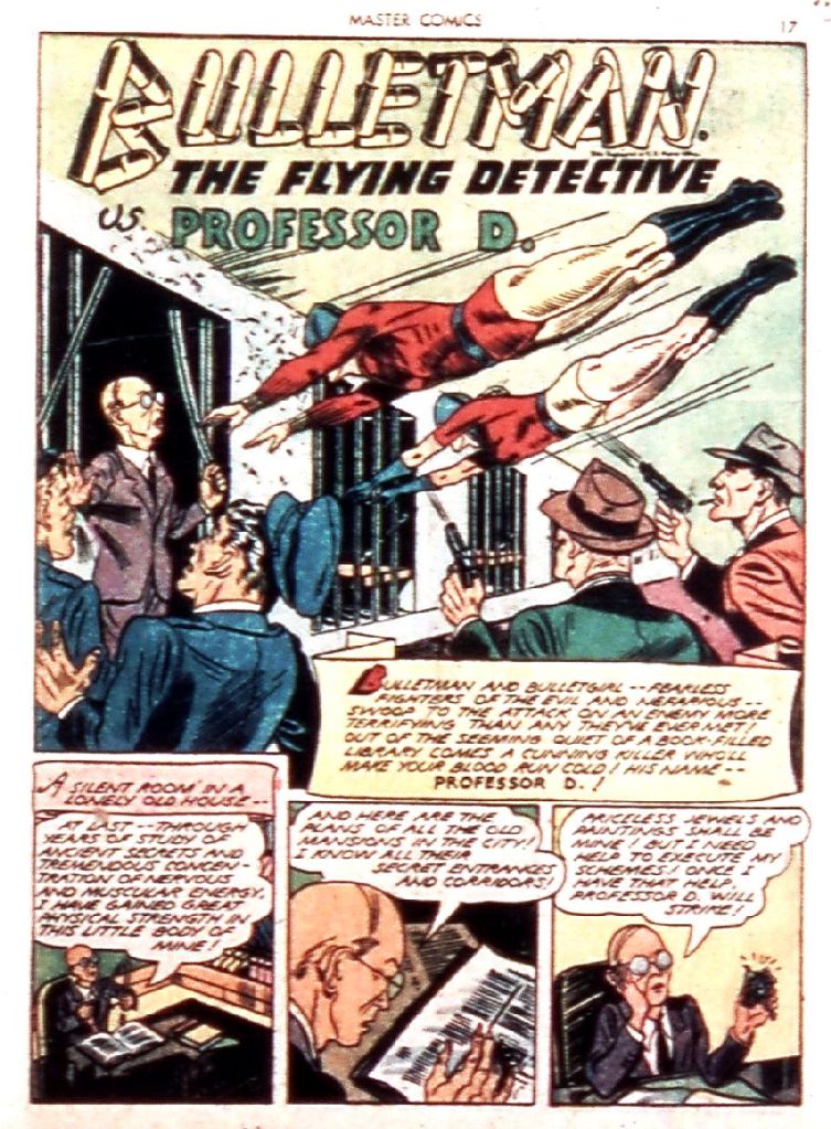 Sleepy Comics - Bulletgirl in Master Comics #35 head KO, zapped